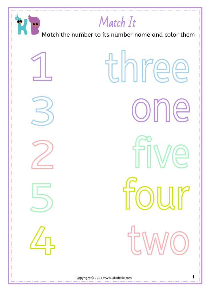 Math Adventure: Number Names and Color Match-It Worksheets