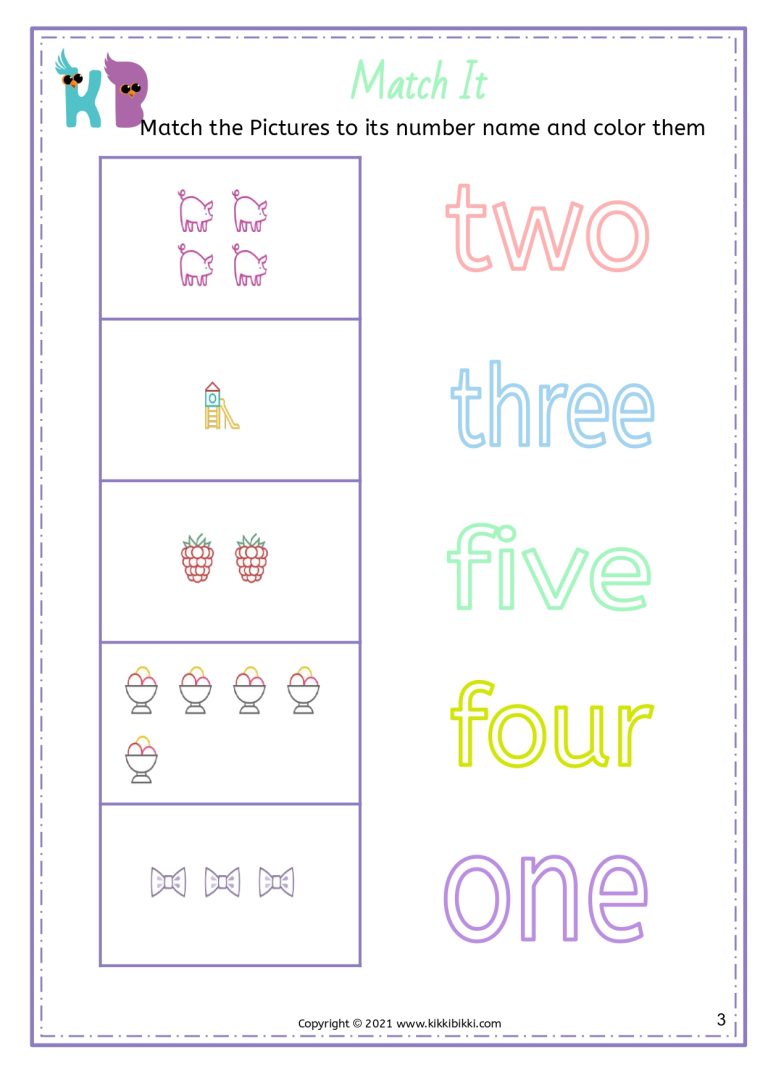 Math Adventure: Number Names and Color Match-It Worksheets