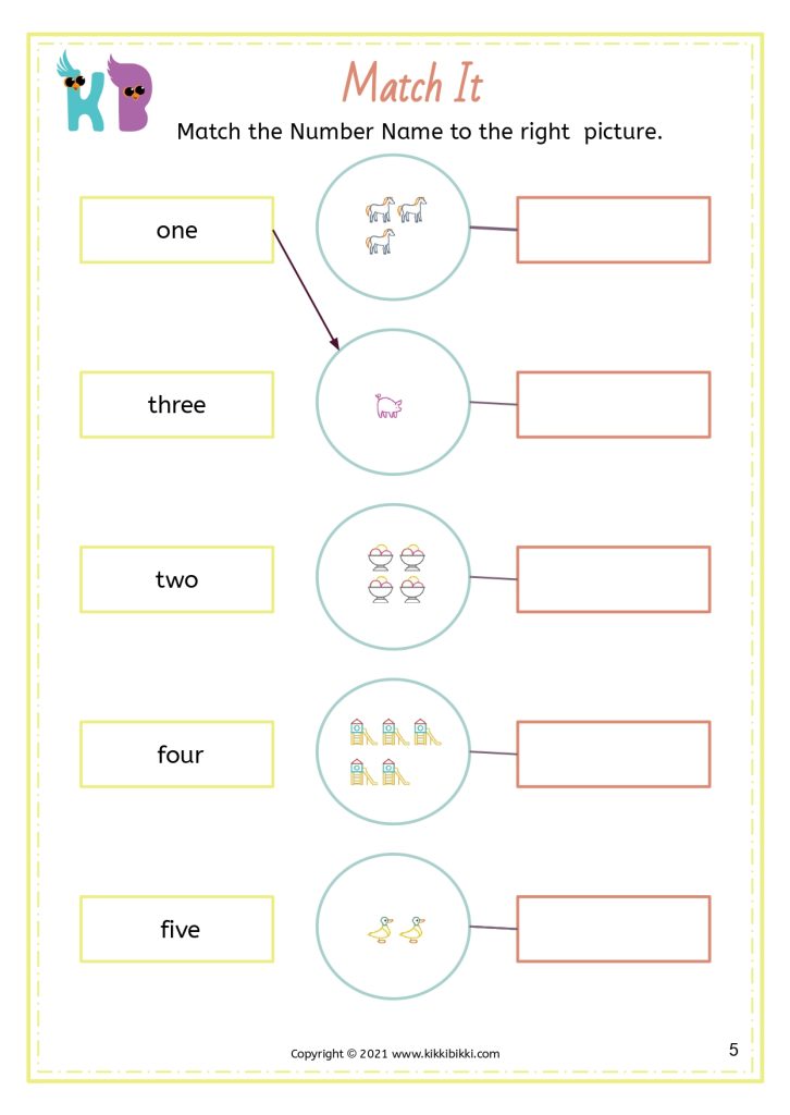 Math Adventure: Number Names and Color Match-It Worksheets