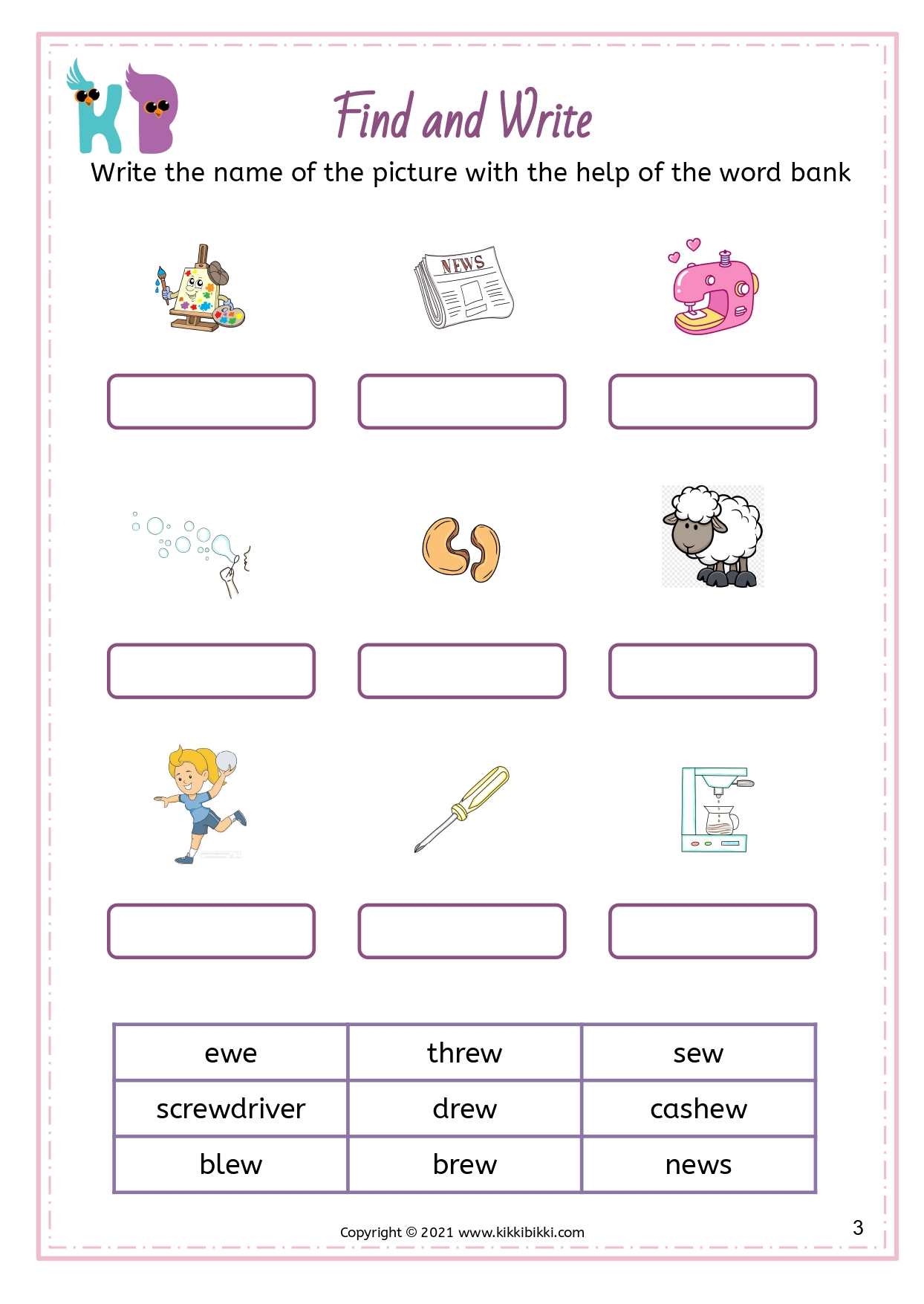 Consonant Digraph EW Sound Find and Write Worksheet