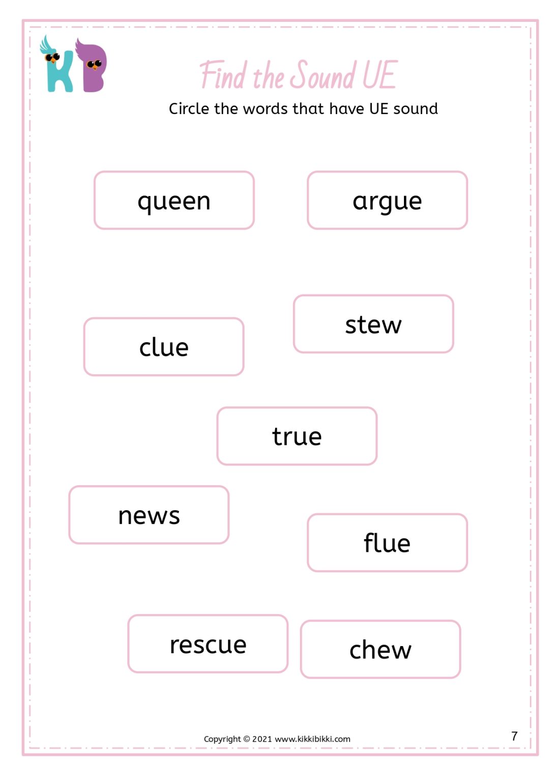 Introduction to 'UE' Sound - Find the Sound Worksheet