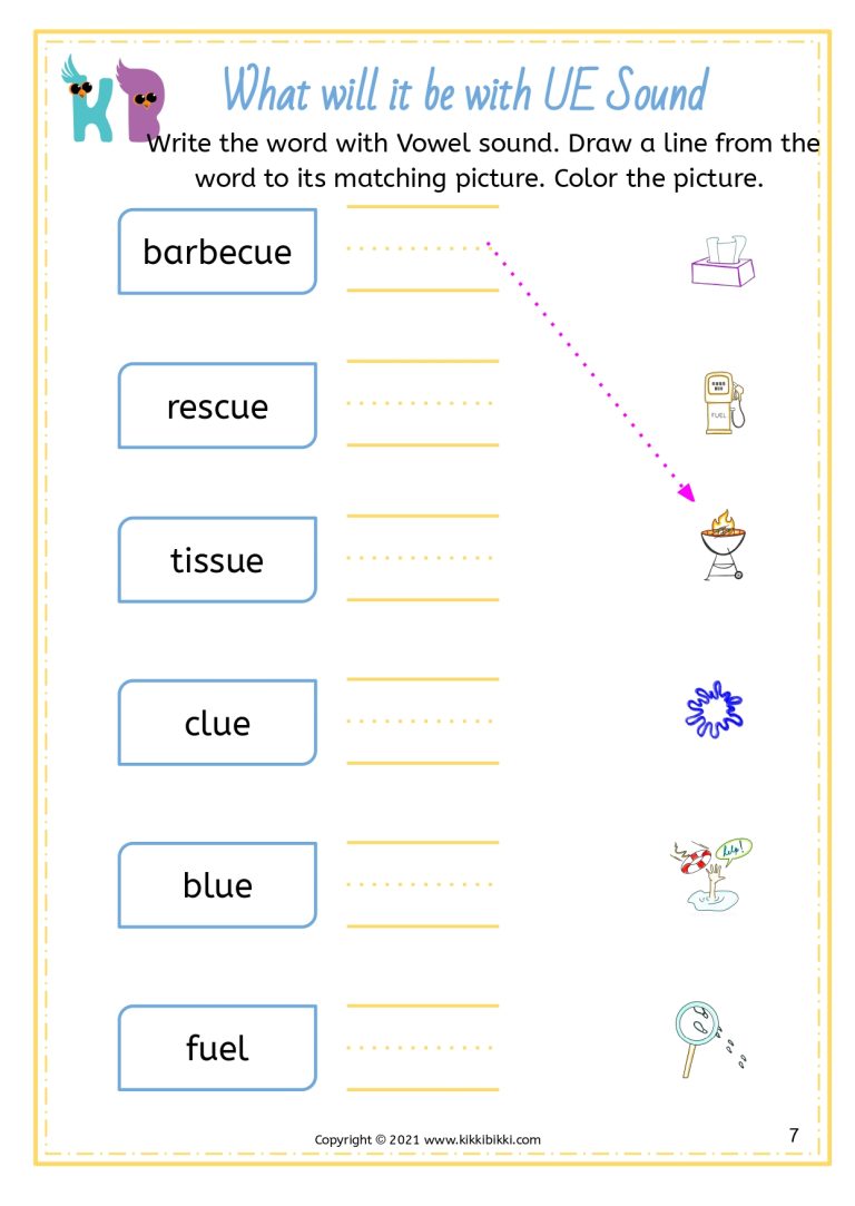 'UE' Sound: Read and Match Worksheets for Early Learners"