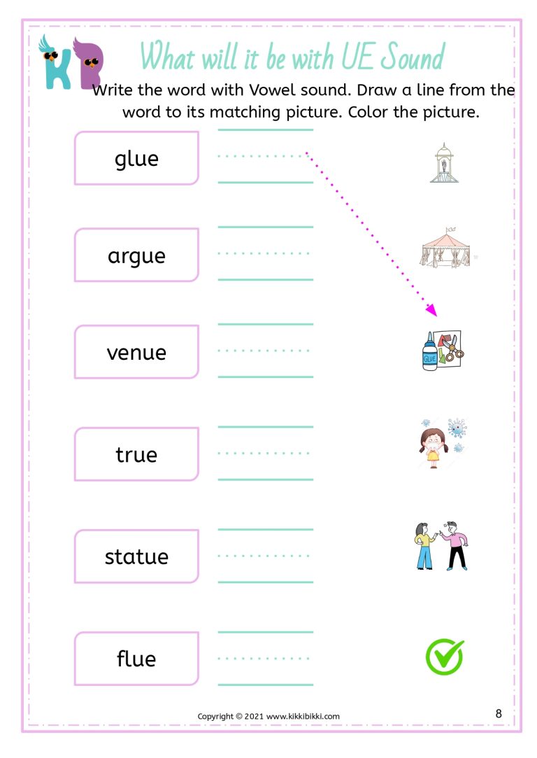 'UE' Sound: Read and Match Worksheets for Early Learners"