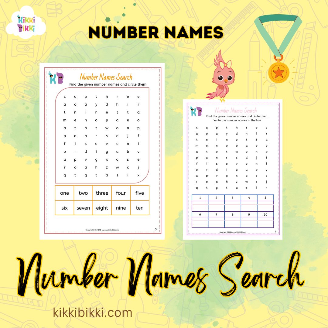 Number Names Search and Write Worksheets for Kindergarten"