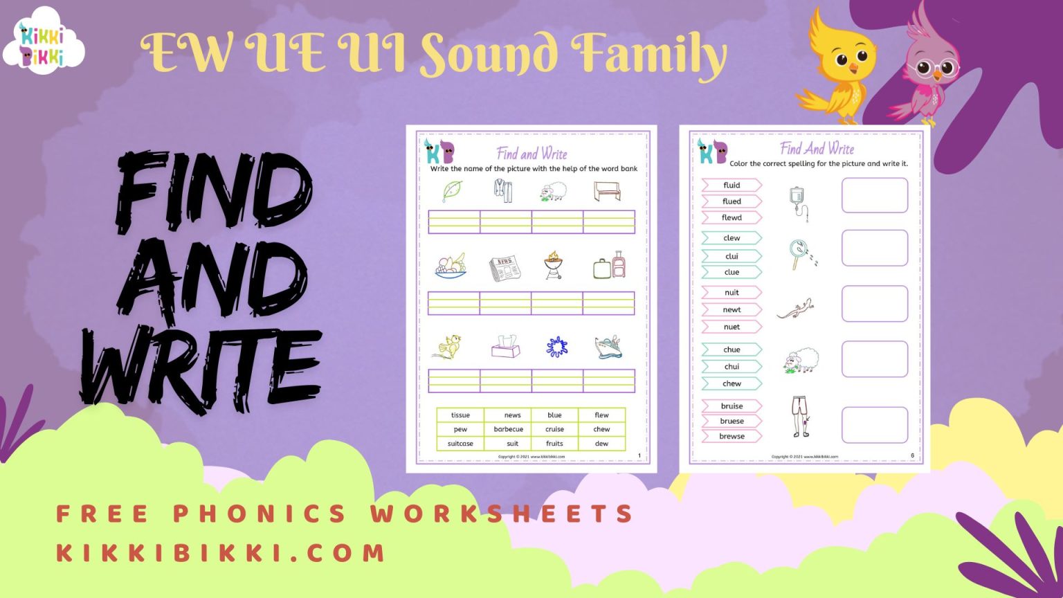 "EW, UE, UI Sound Family: Find-and-Write Phonics Worksheets"