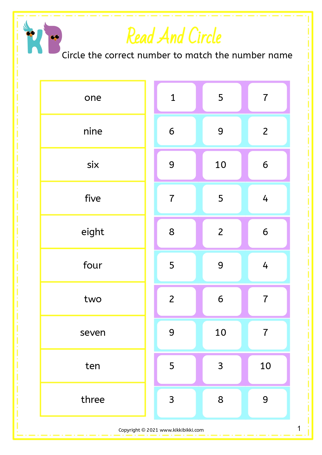 Maths Number Names and Read and Color Worksheets