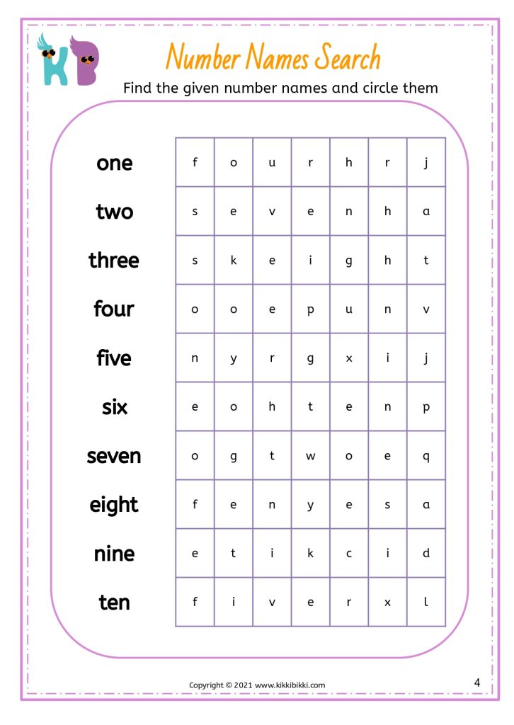 Number Names Search and Write Worksheets for Kindergarten"