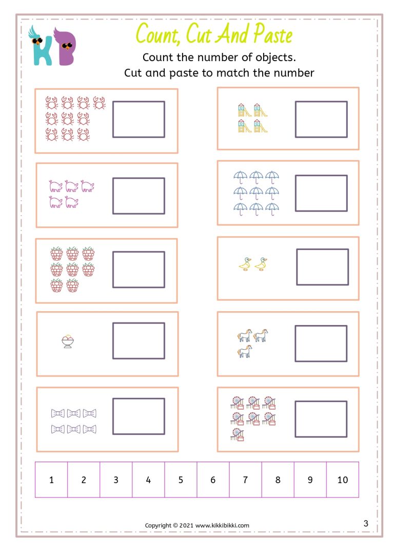 Count, Cut, and Paste Worksheets for Counting up to 10