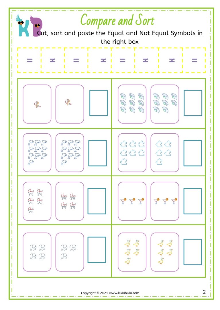 Equal To, Not Equal To, Compare and Sort Worksheet