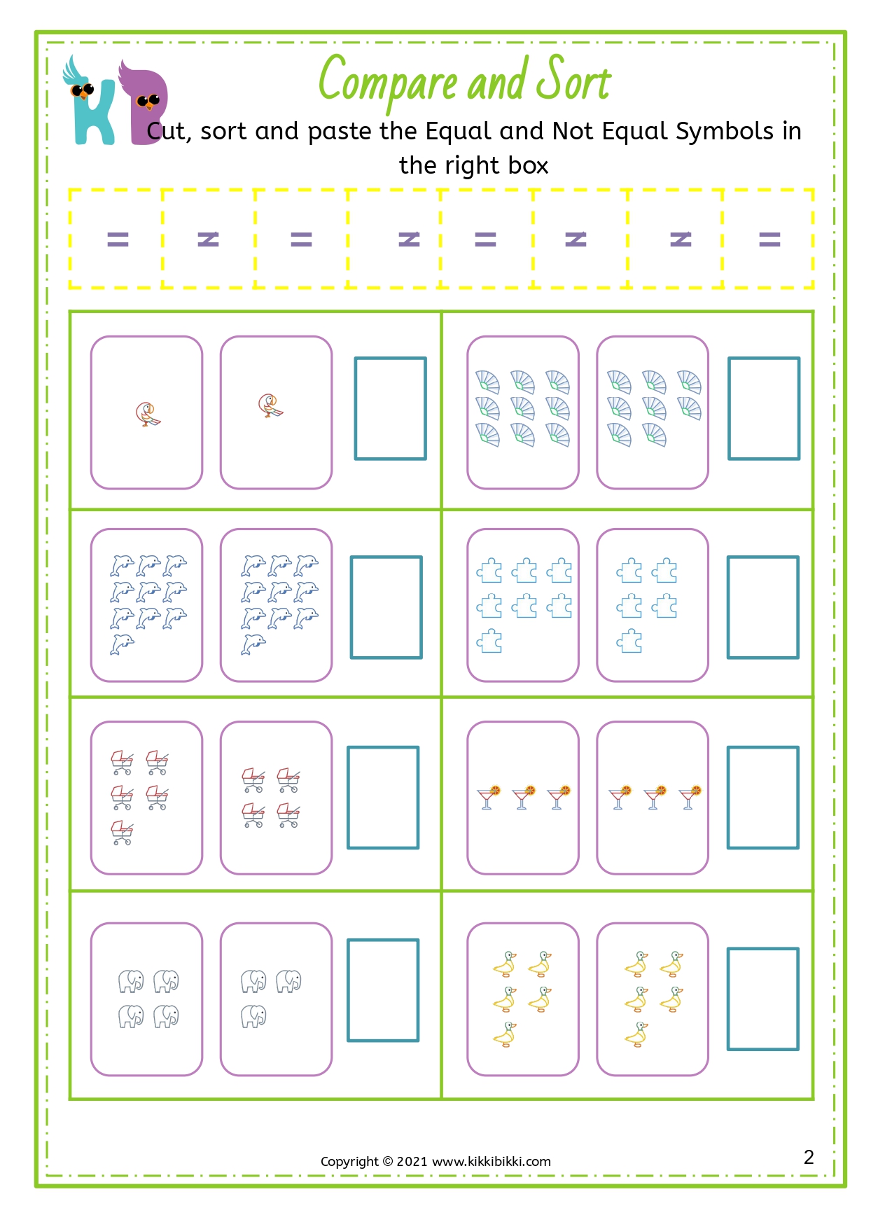 Equal To, Not Equal To, Compare and Sort Worksheet