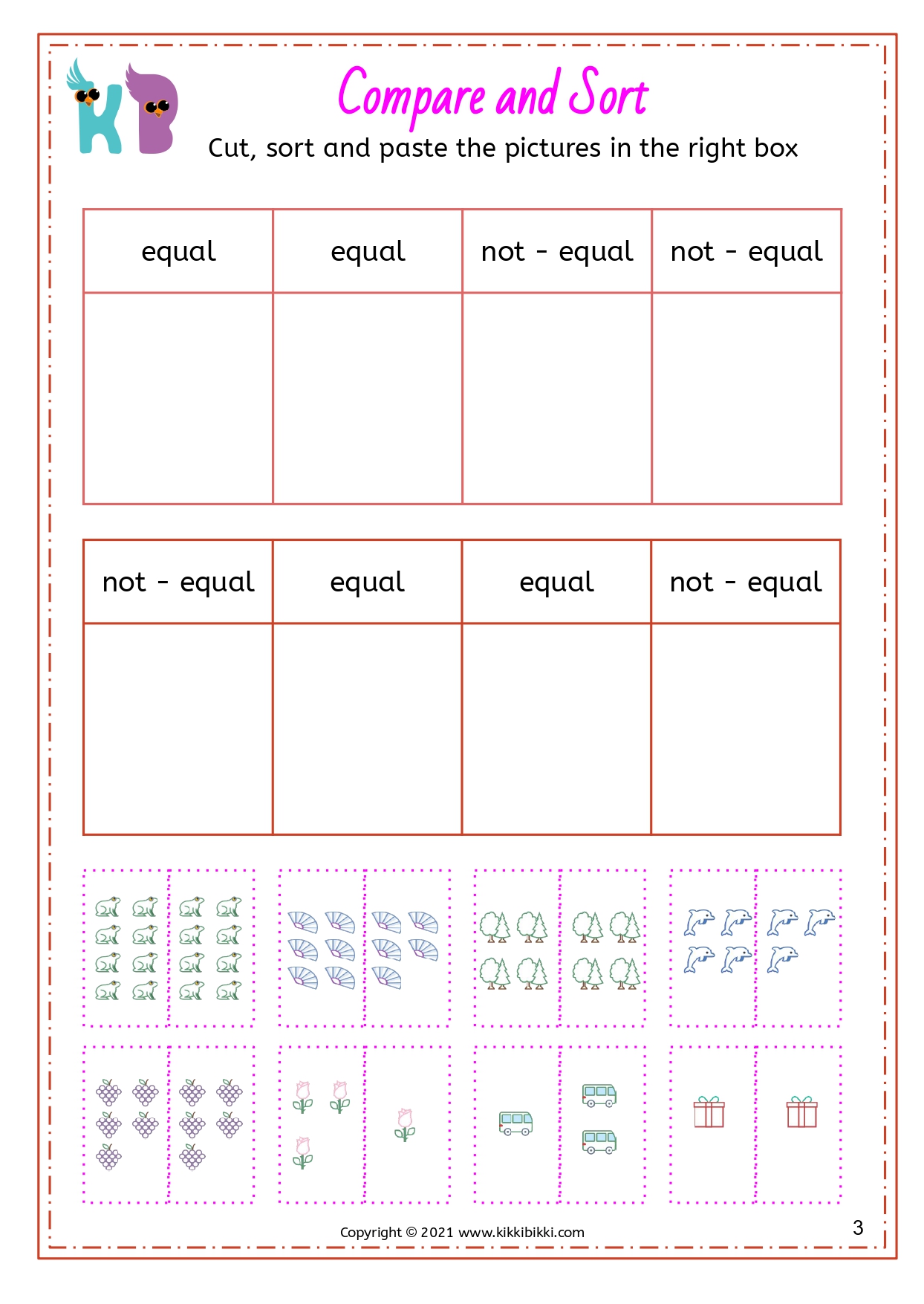 Equal To, Not Equal To, Compare and Sort Worksheet