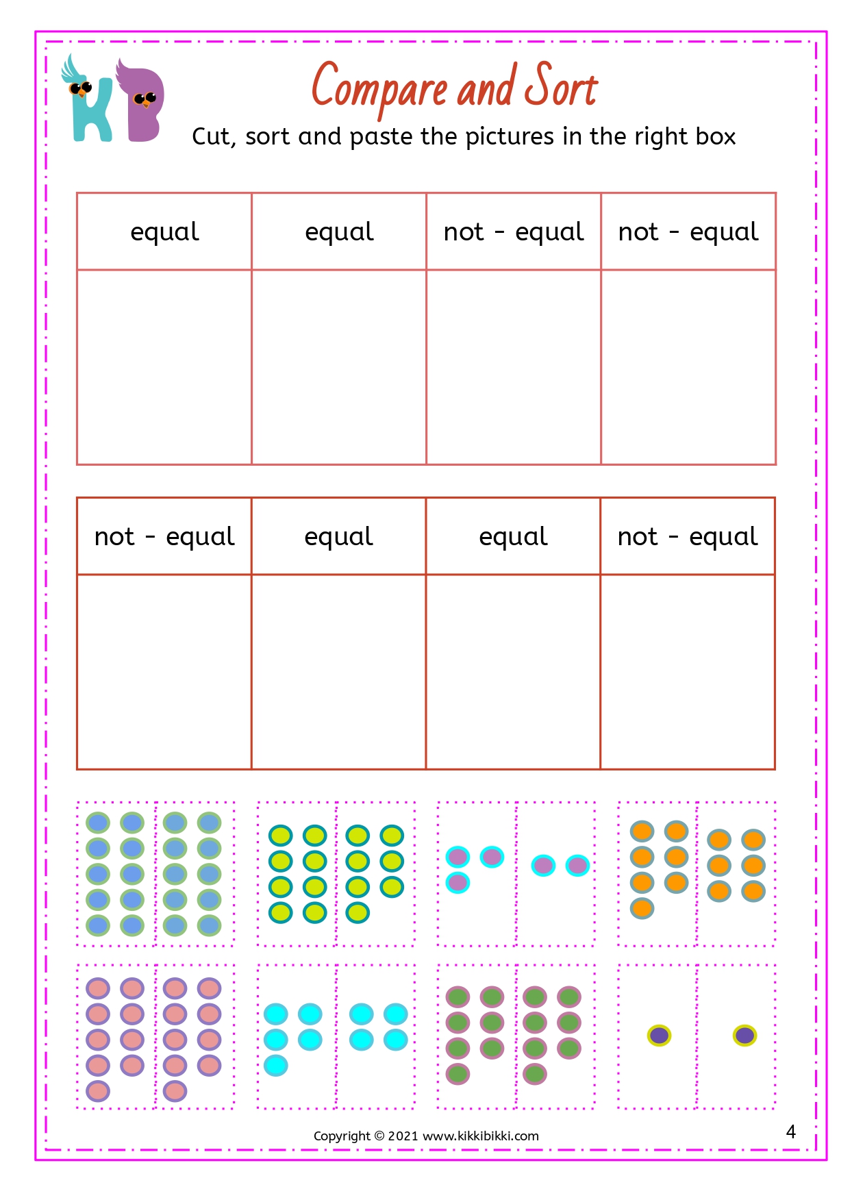 Equal To, Not Equal To, Compare and Sort Worksheet