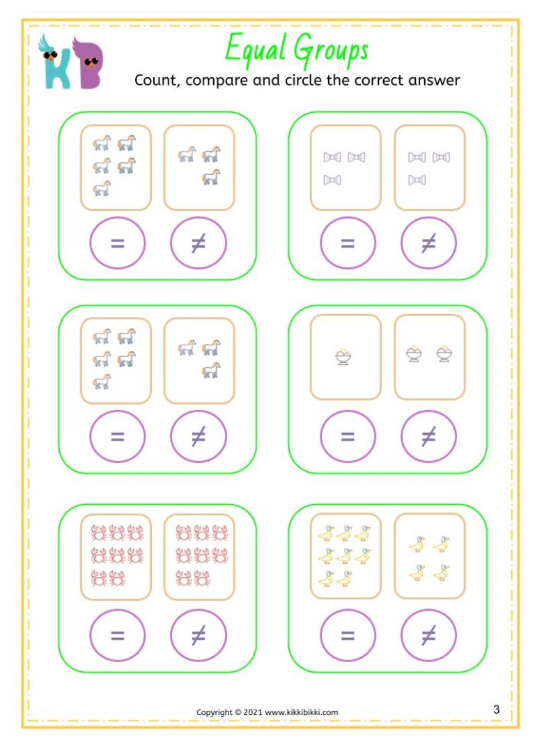 Equal To, Not Equal To, Equal Groups Worksheets