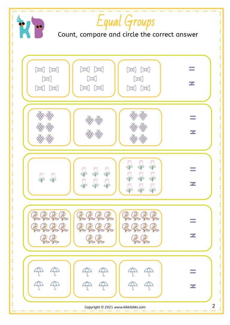 Equal To, Not Equal To, Equal Groups Worksheets