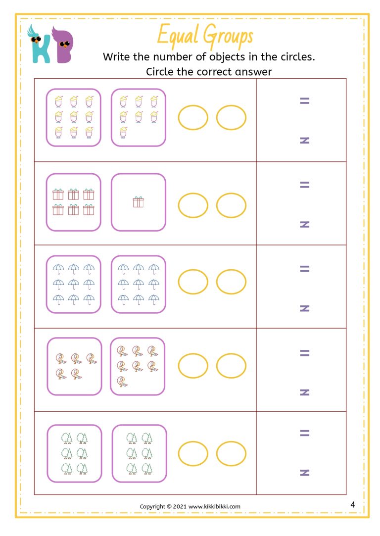 Equal To, Not Equal To, Equal Groups Worksheets