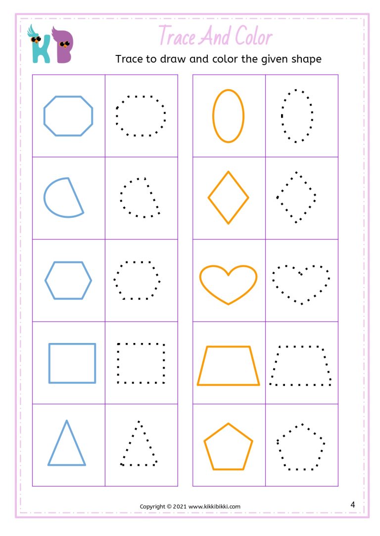 Math Skills with 2D Shapes: Trace and Color Worksheets"