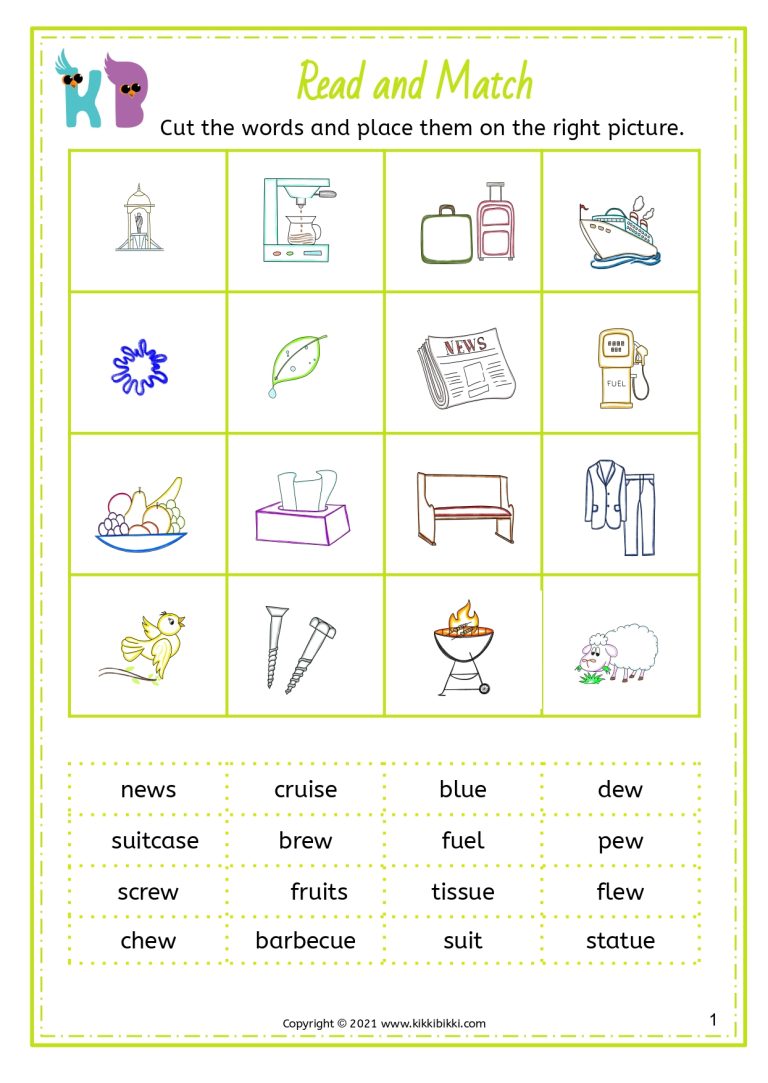 EW, UE, UI Sound Family Read and Match Worksheet