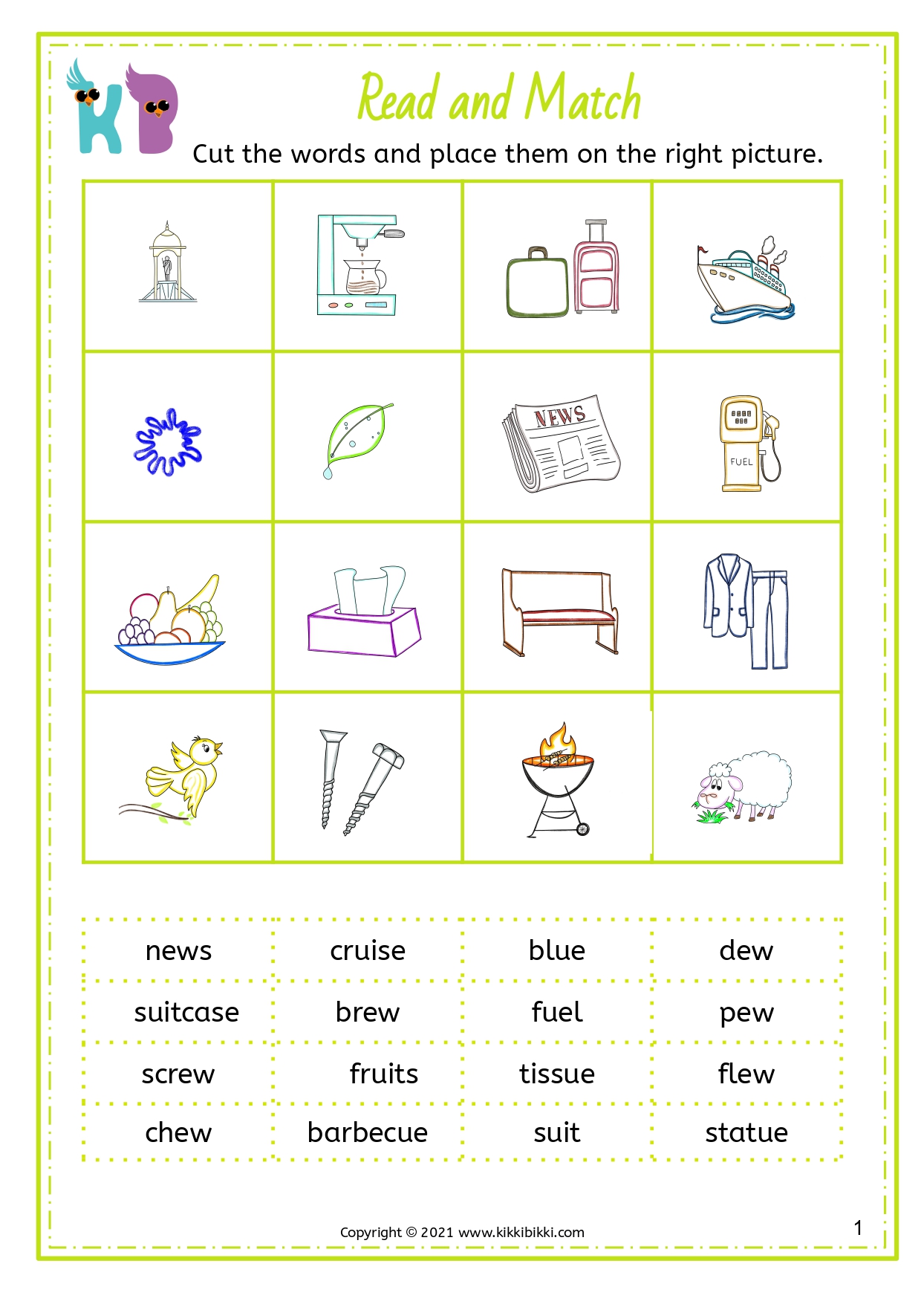 EW, UE, UI Sound Family Read and Match Worksheet