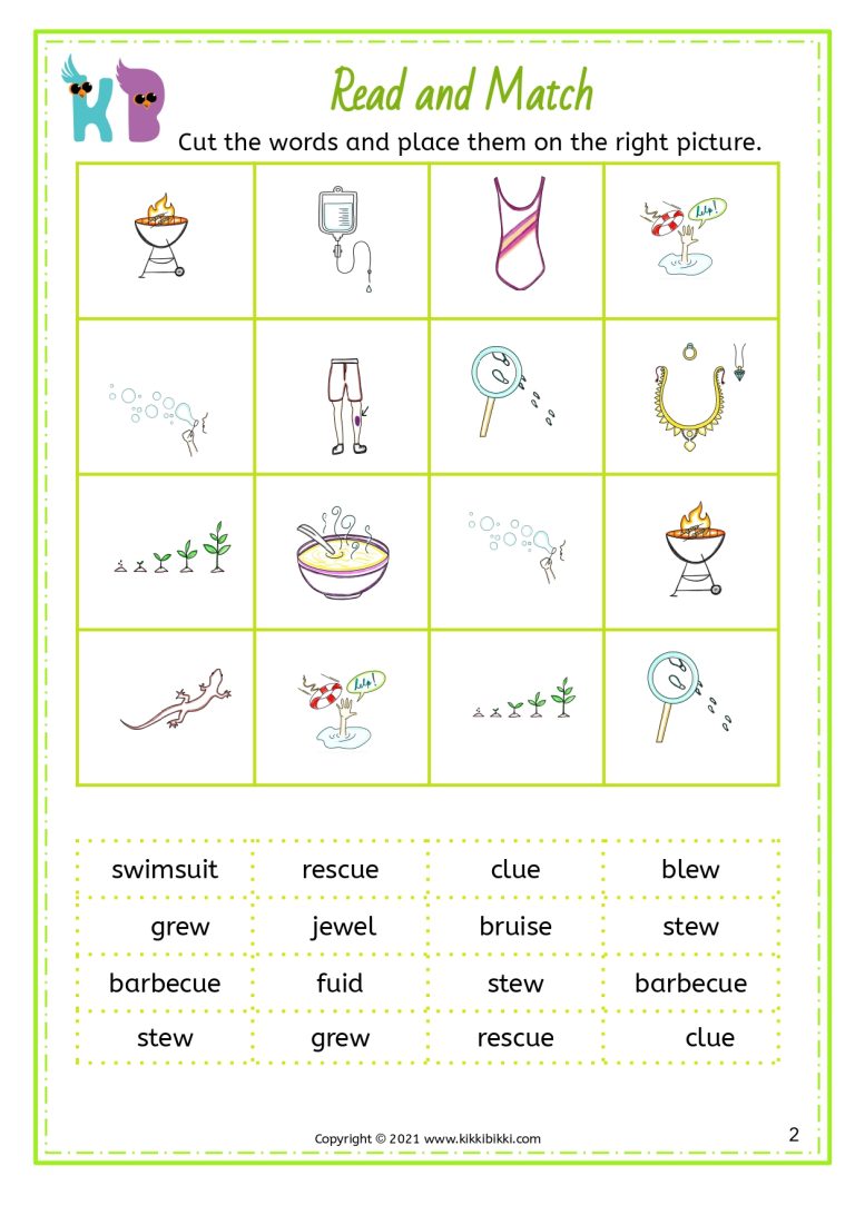 EW, UE, UI Sound Family Read and Match Worksheet