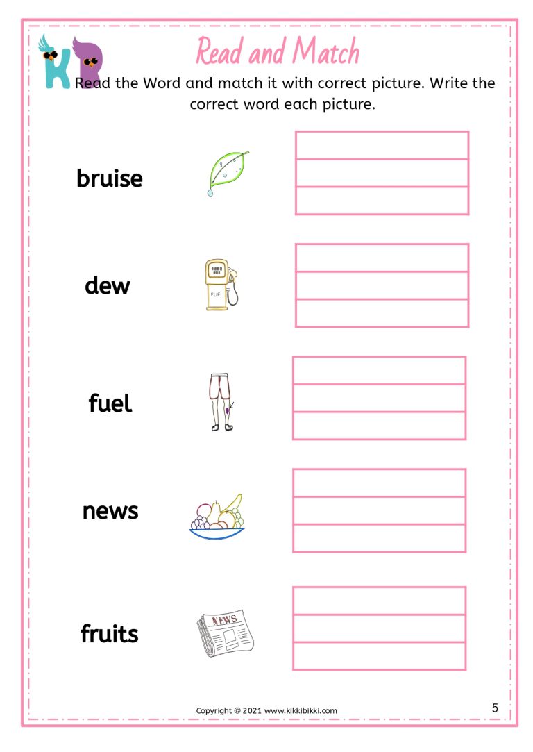 EW, UE, UI Sound Family Read and Match Worksheet