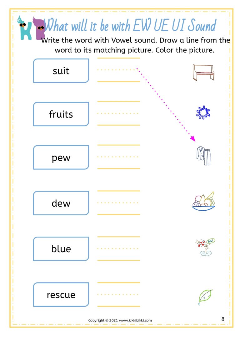 EW, UE, UI Sound Family Read and Match Worksheet