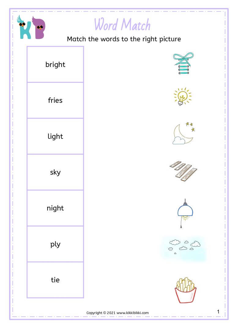 Phonics Adventure: Vowel Patterns IE, IGH, and Y Word Match