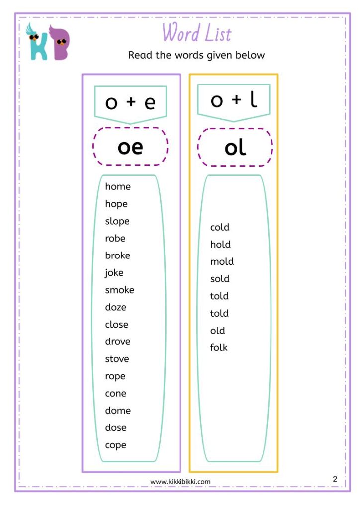 Phonics Adventure: OA, OW, OE, OL Word List Worksheets