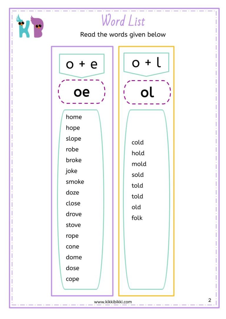 Phonics Adventure: OA, OW, OE, OL Word List Worksheets