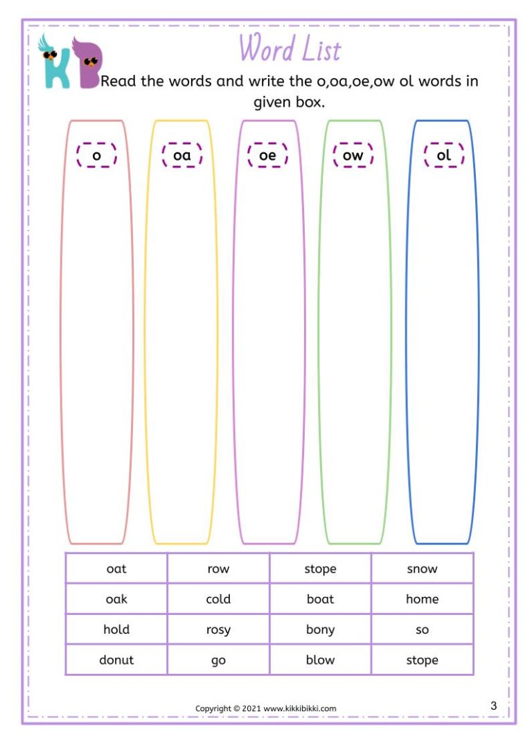 Phonics Adventure: OA, OW, OE, OL Word List Worksheets