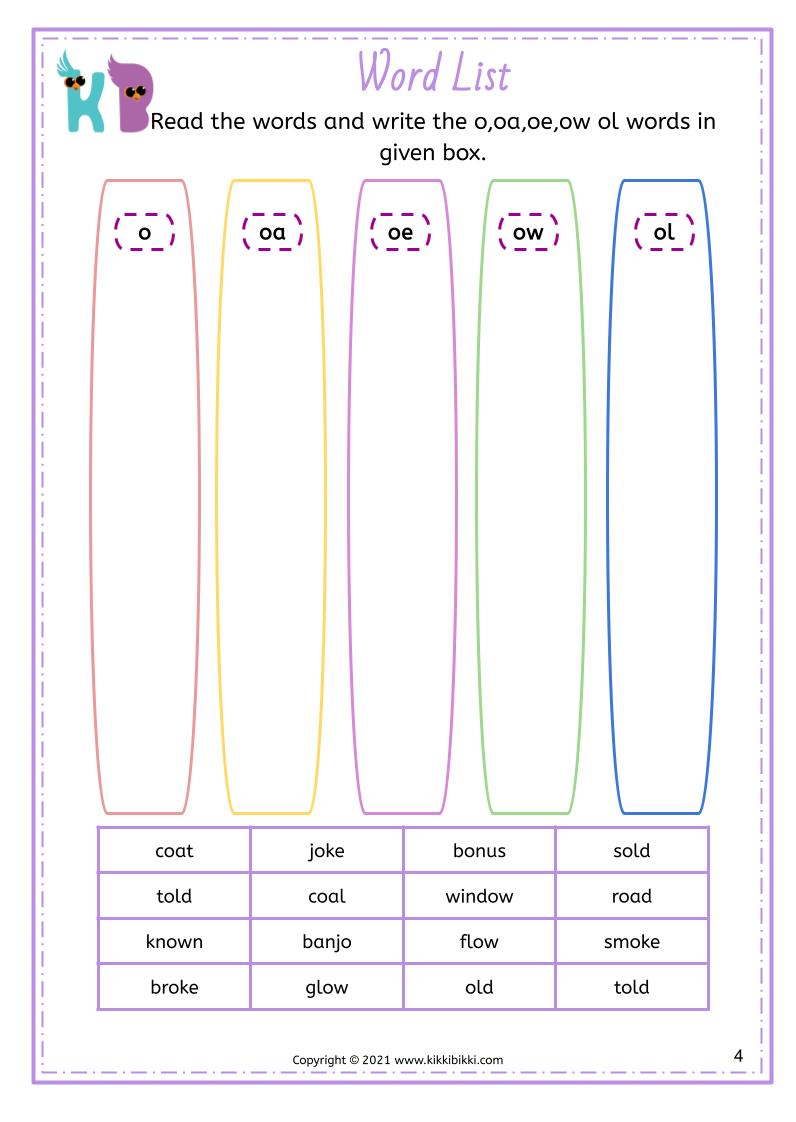 Phonics Adventure: OA, OW, OE, OL Word List Worksheets