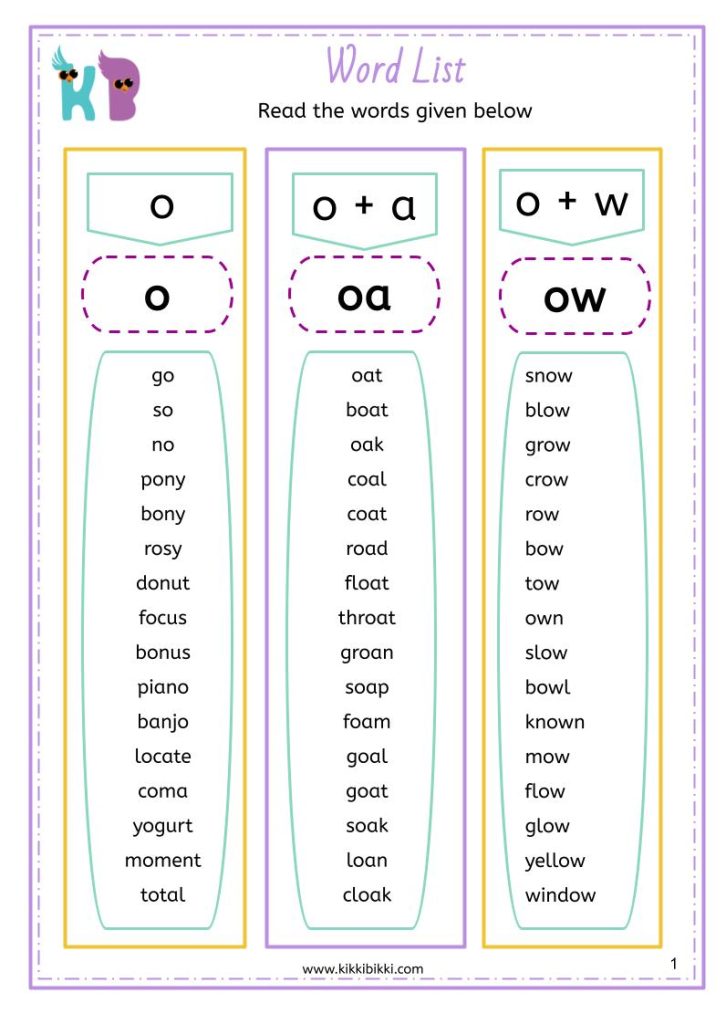 Phonics Adventure: OA, OW, OE, OL Word List Worksheets