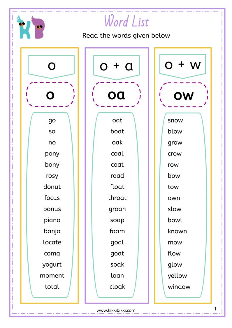 Phonics Adventure: OA, OW, OE, OL Word List Worksheets