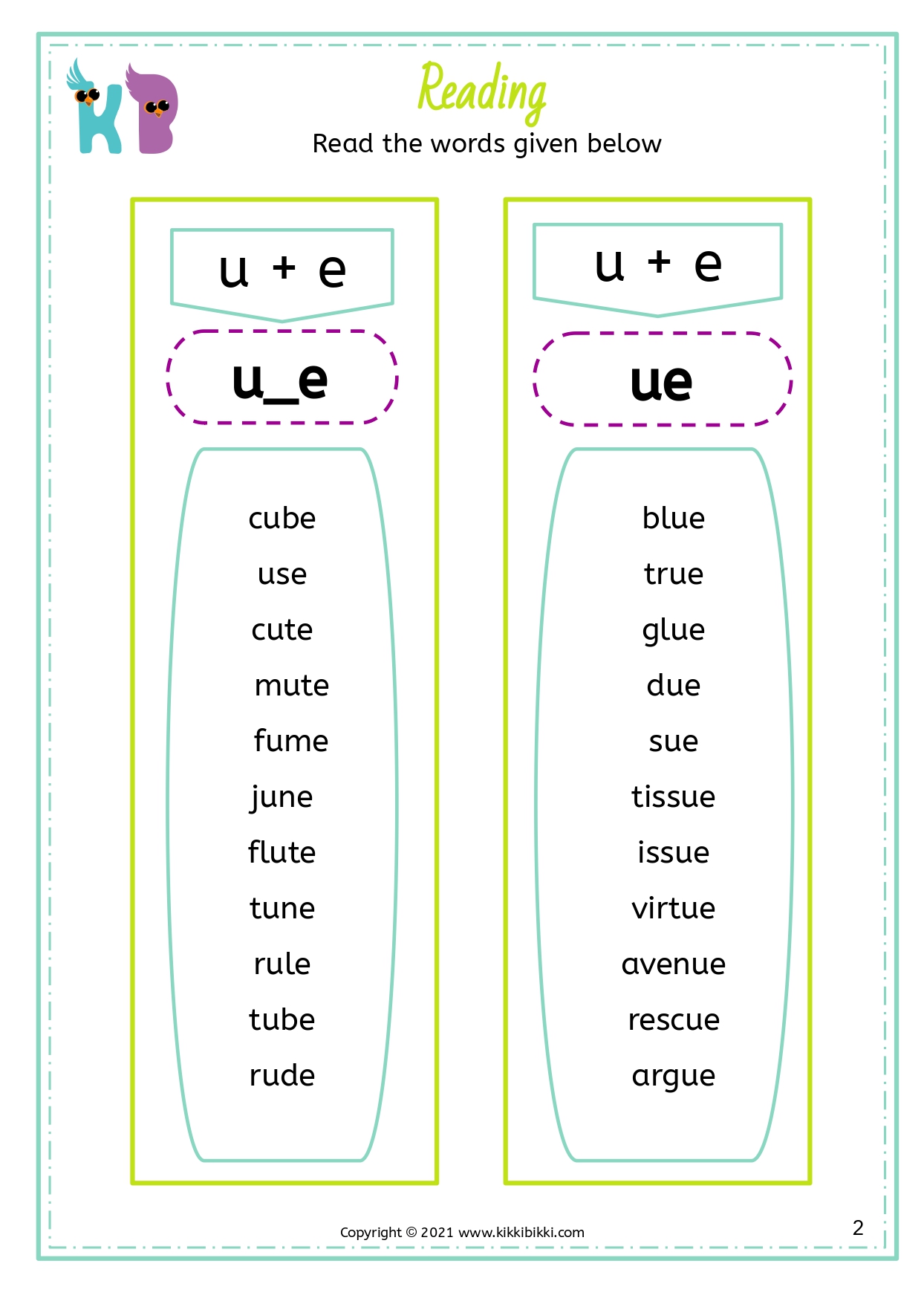 Alternative Spellings (OO, EW, UE) – Reading Worksheet