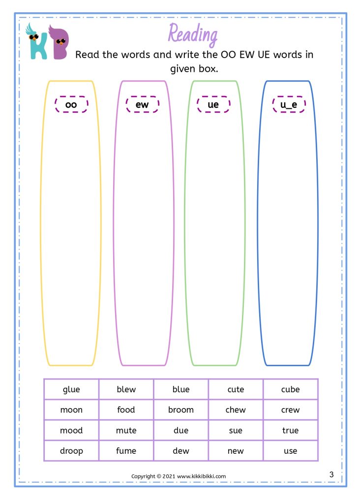 Alternative Spellings (OO, EW, UE) – Reading Worksheet