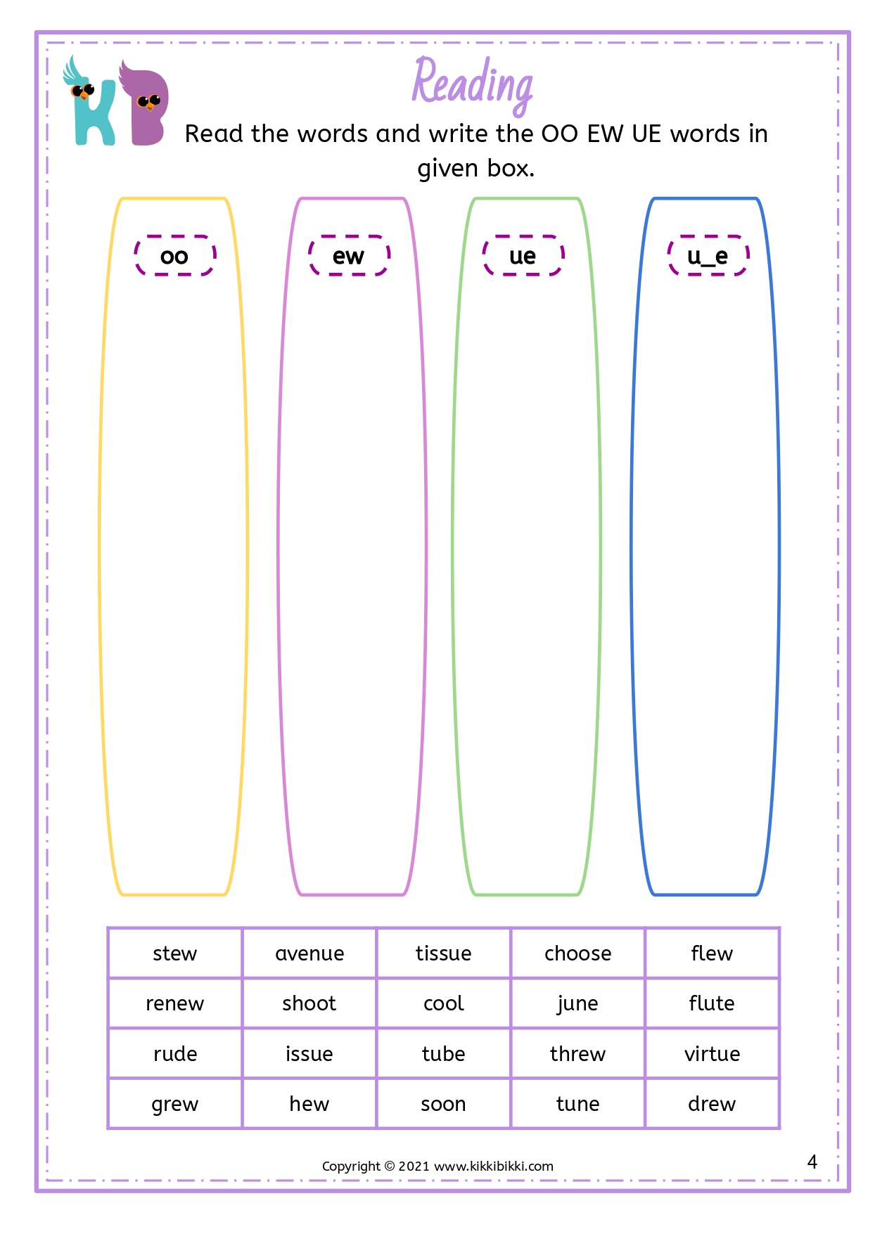 Alternative Spellings (OO, EW, UE) – Reading Worksheet