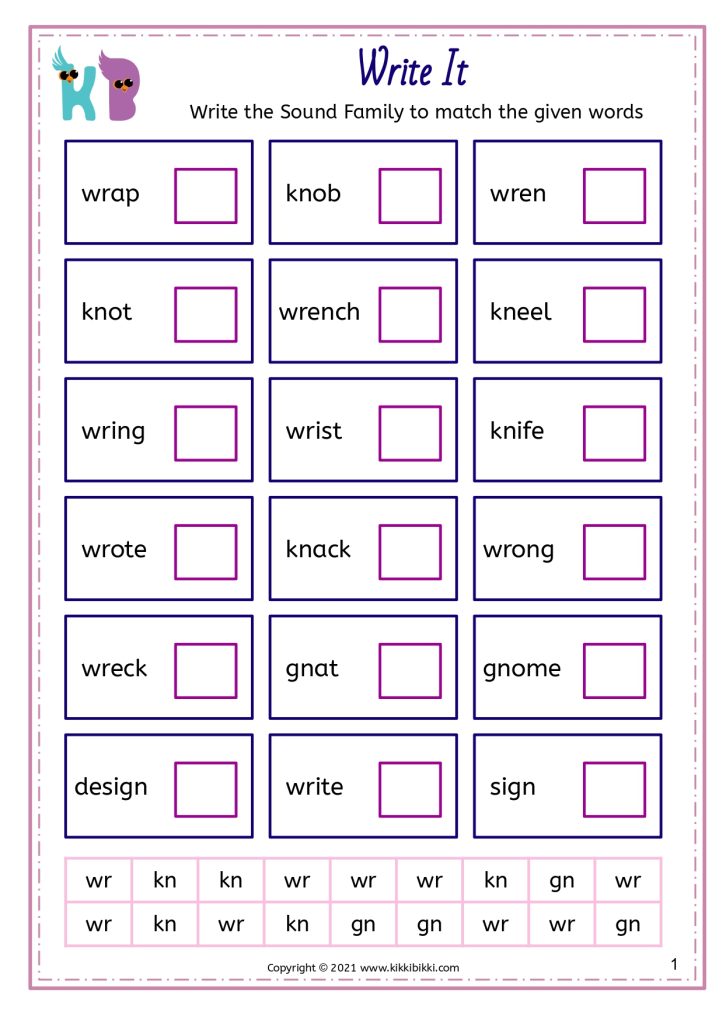 Phonics Adventure: WR, GN, KN Write It Worksheet