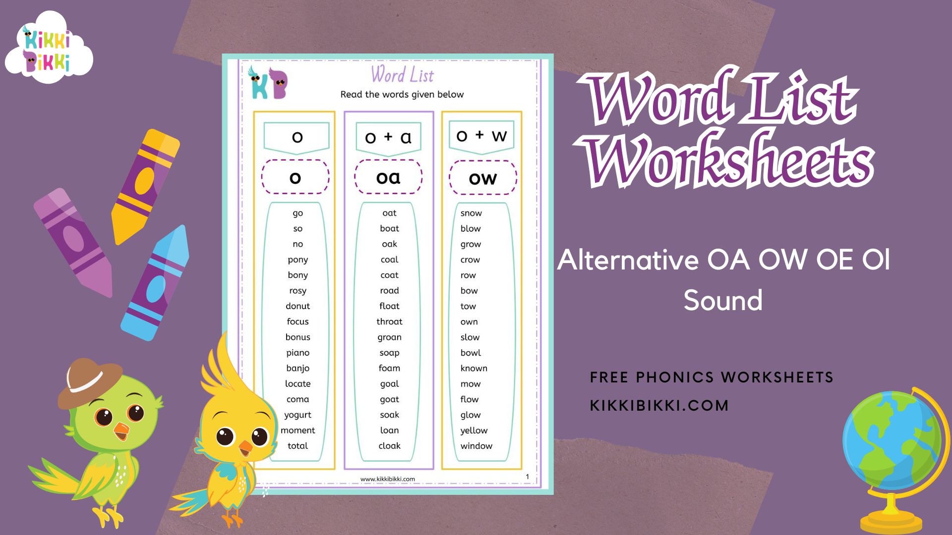 Phonics Adventure: OA, OW, OE, OL Word List Worksheets
