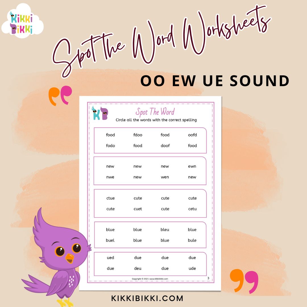 OO, EW, UE Sound Family – Spot the Word Worksheets