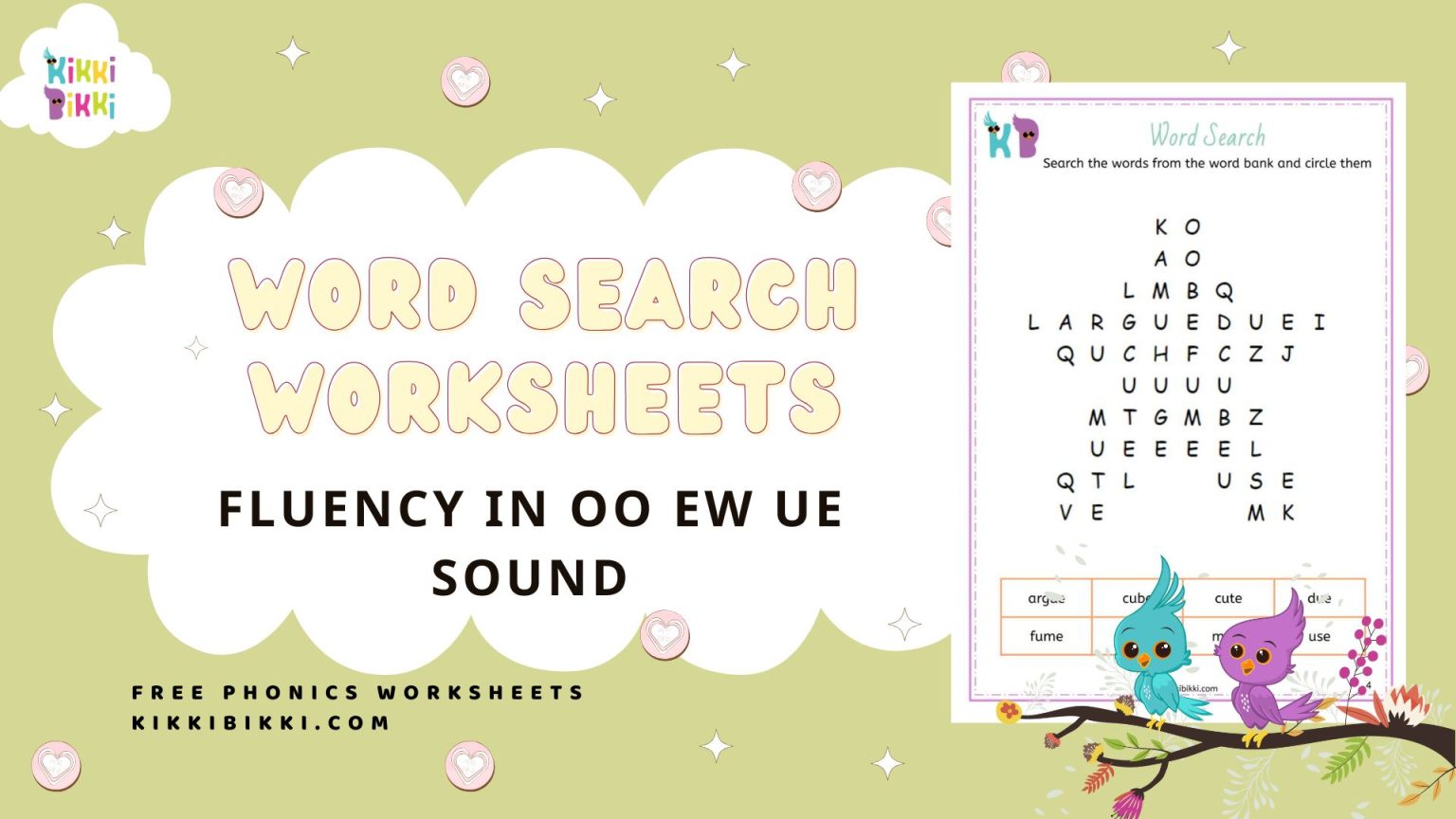"Phonics Fluency: OO, EW, UE Sound - Word Search Worksheets"