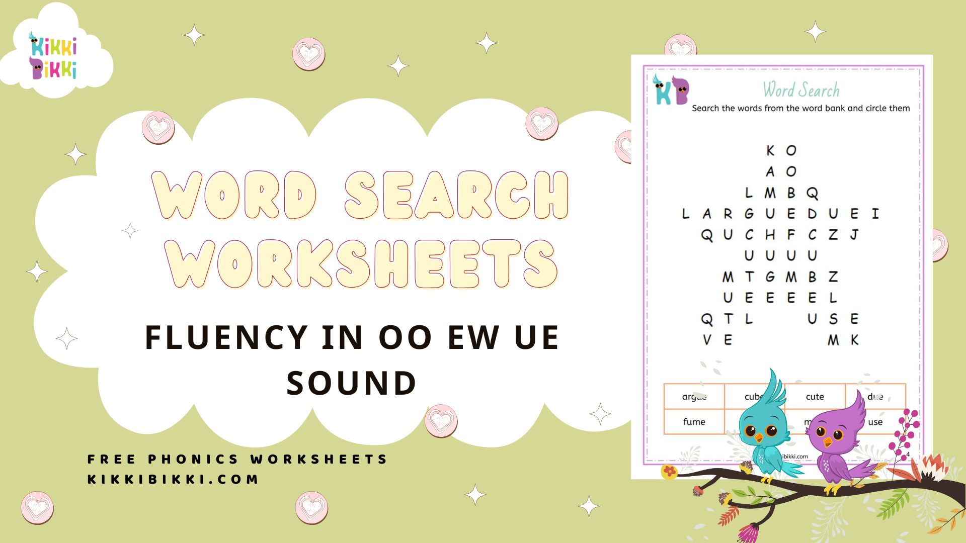 "Phonics Fluency: OO, EW, UE Sound - Word Search Worksheets"