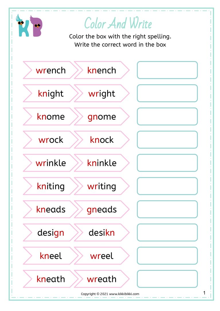 Phonics Fun: WR, KN, GN Sound Color and Write Worksheet