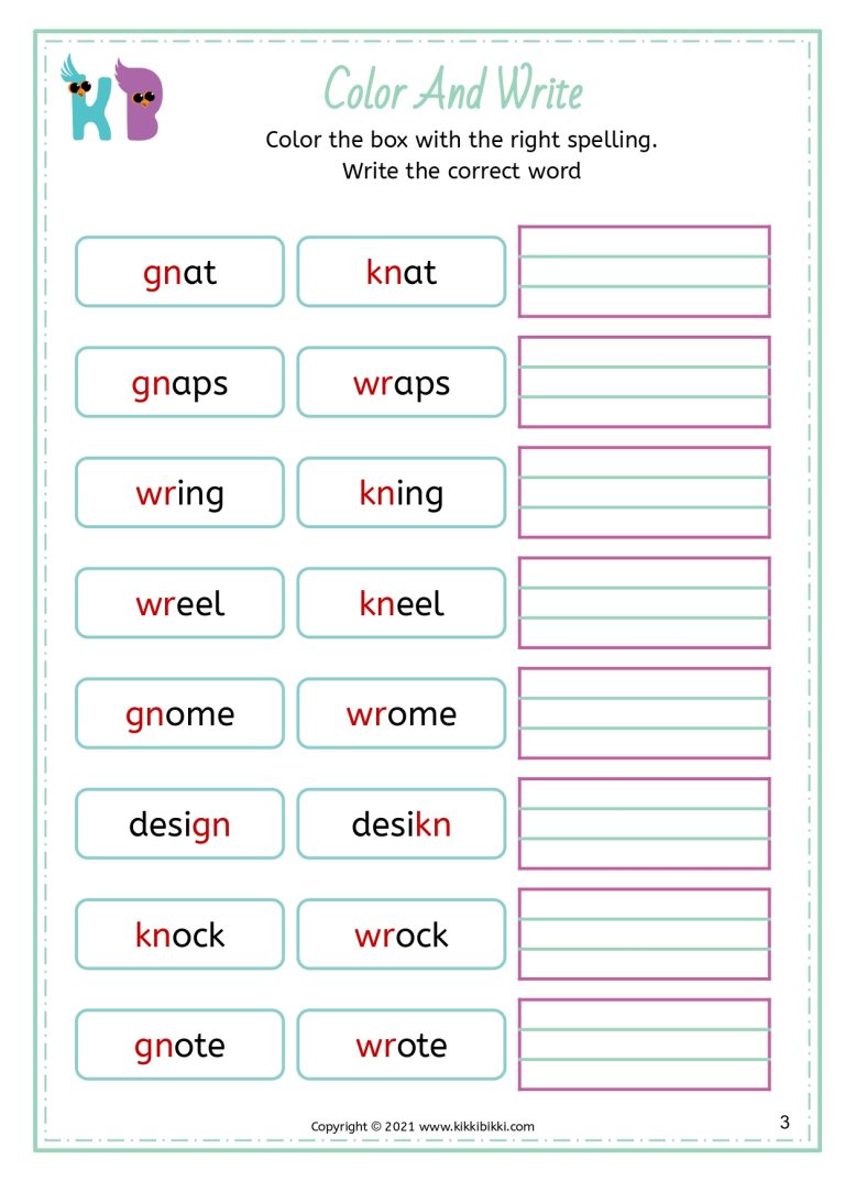 Phonics Fun: WR, KN, GN Sound Color and Write Worksheet