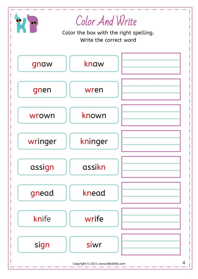 Phonics Fun: WR, KN, GN Sound Color and Write Worksheet