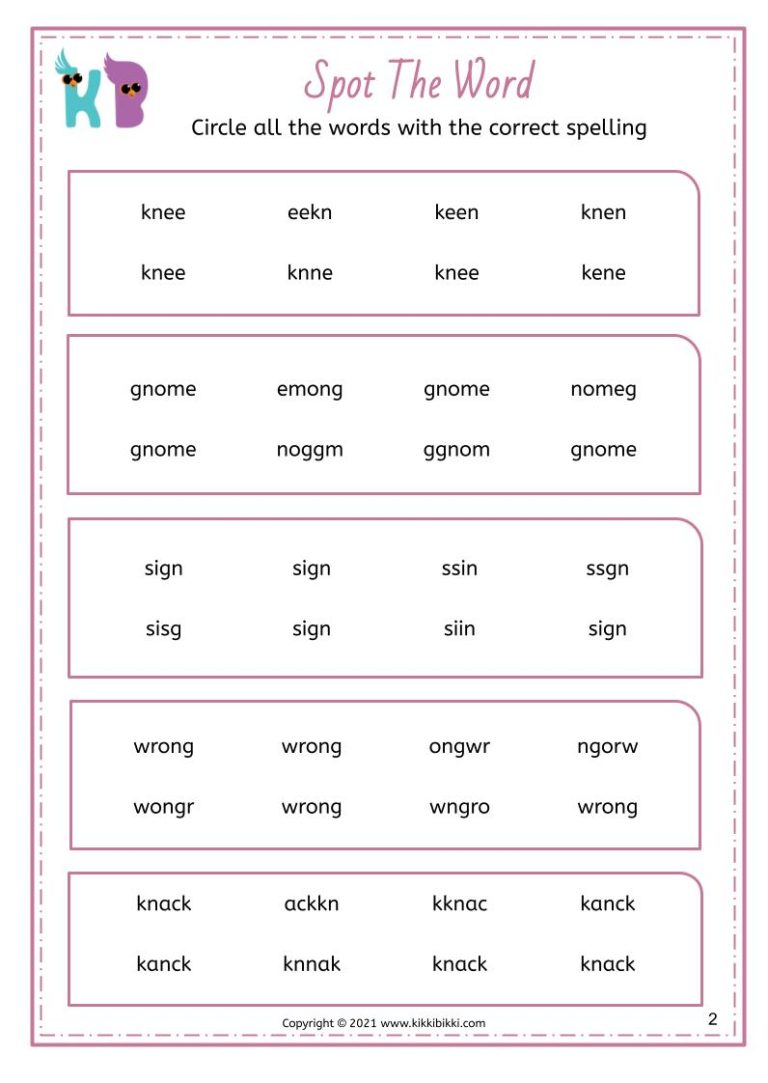 Alternative Spelling 'wr, kn, gn' & Spot the Word Worksheets
