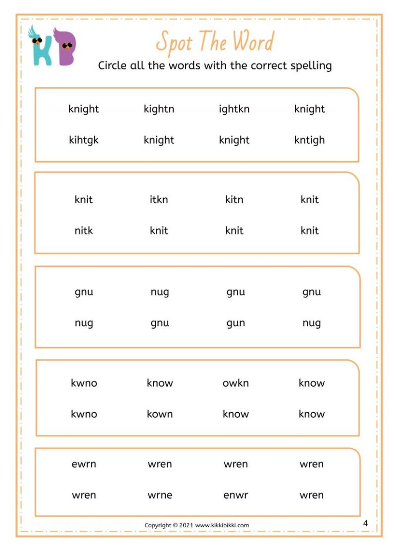 Alternative Spelling 'wr, kn, gn' & Spot the Word Worksheets