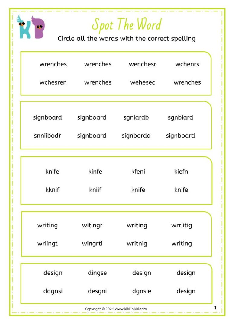 Alternative Spelling 'wr, kn, gn' & Spot the Word Worksheets