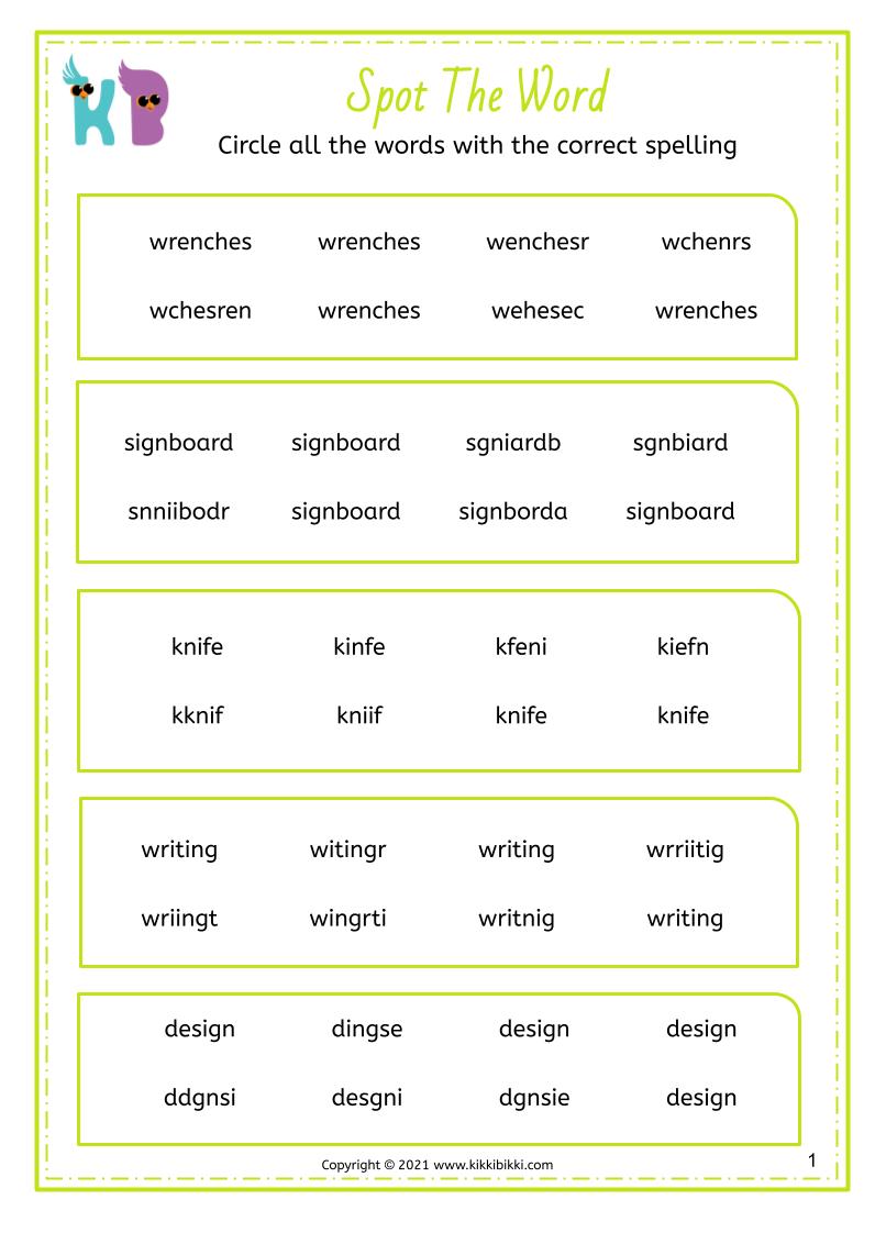 Alternative Spelling 'wr, kn, gn' & Spot the Word Worksheets